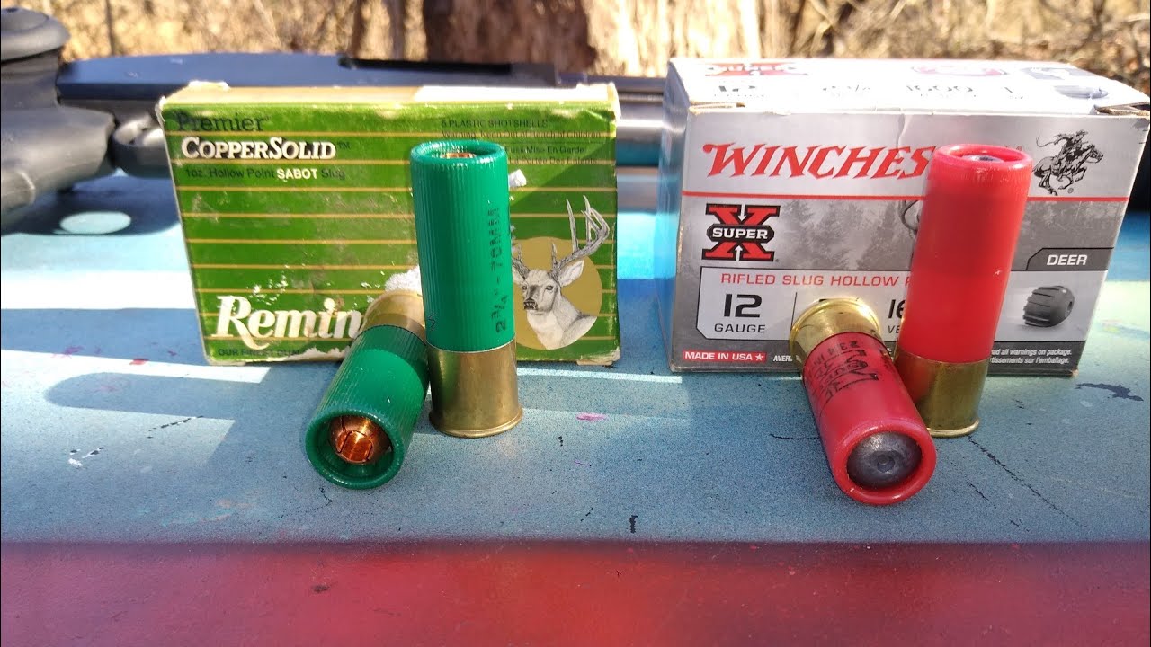 12 Gage Remington copper slug vs Winchester lead slug - YouTube