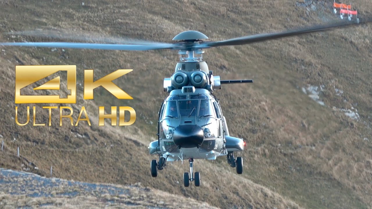 (4K) Super Puma Swiss Air Force landing and Takeoff at AXALP 2022 ...