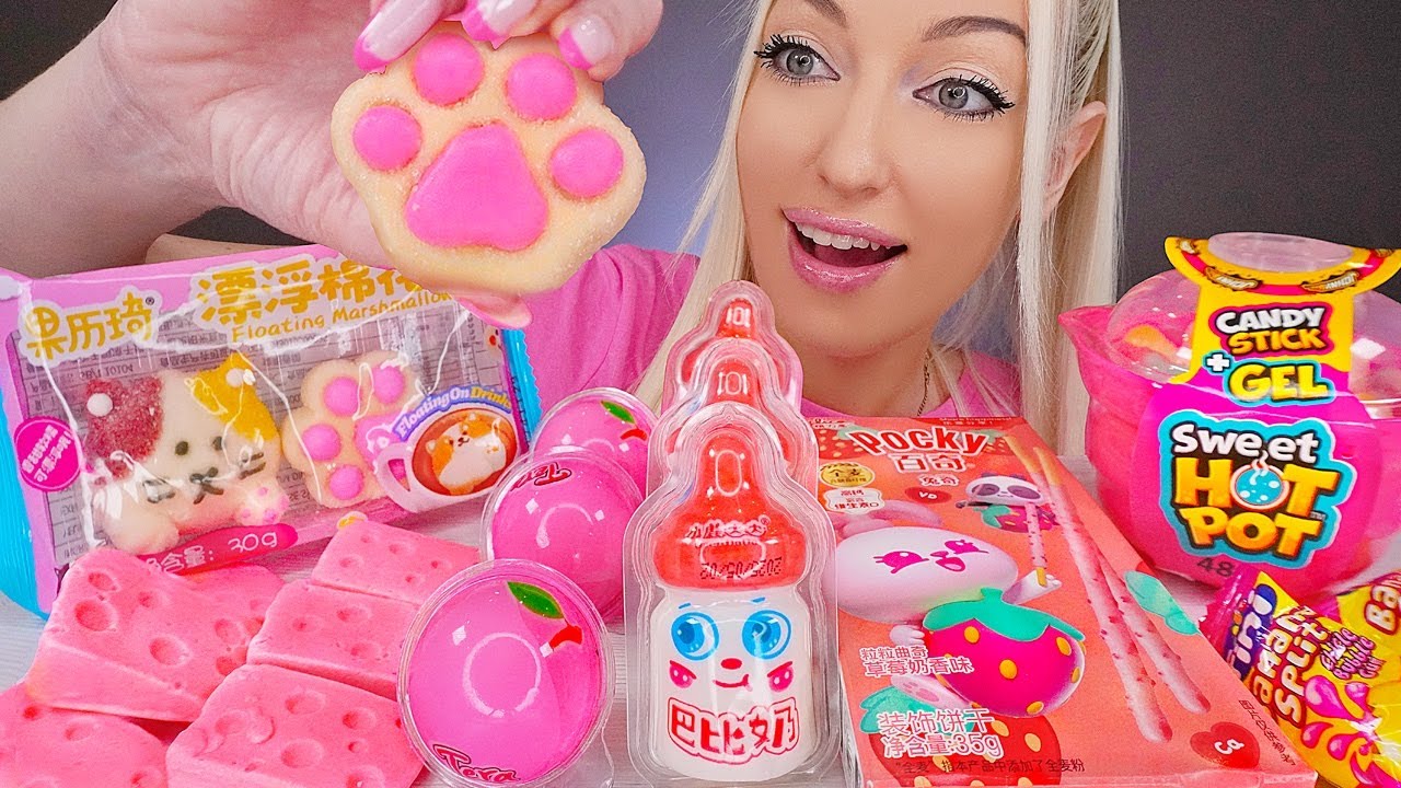ASMR EATING PINK FOOD, CANDY, MARSHMALLOW, POCKY, CHEWING GUM, DESSERT ...