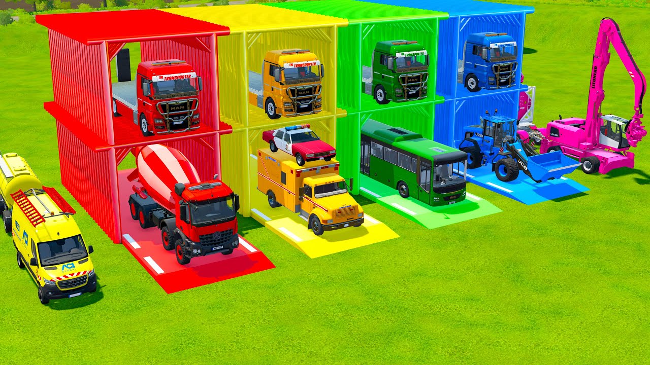 TRANSPORTING EXCAVATOR, MIXER TRUCK, WHEEL LOADER, POLICE CAR TO GARAGE ...