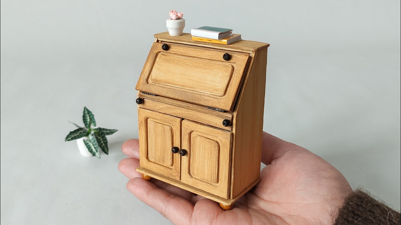 Mini secretary desk with DIY hinges | 1/12 scale furniture crafts - YouTube