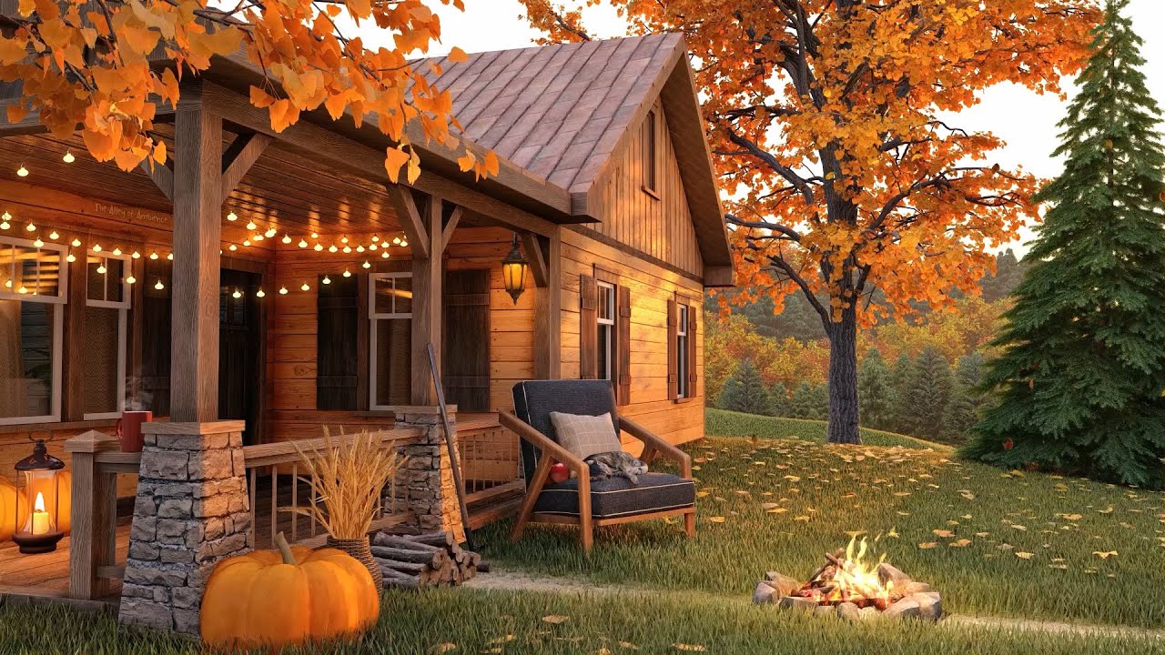 Autumn Cozy Cabin Porch in Forest Ambience with Falling Leaves ...