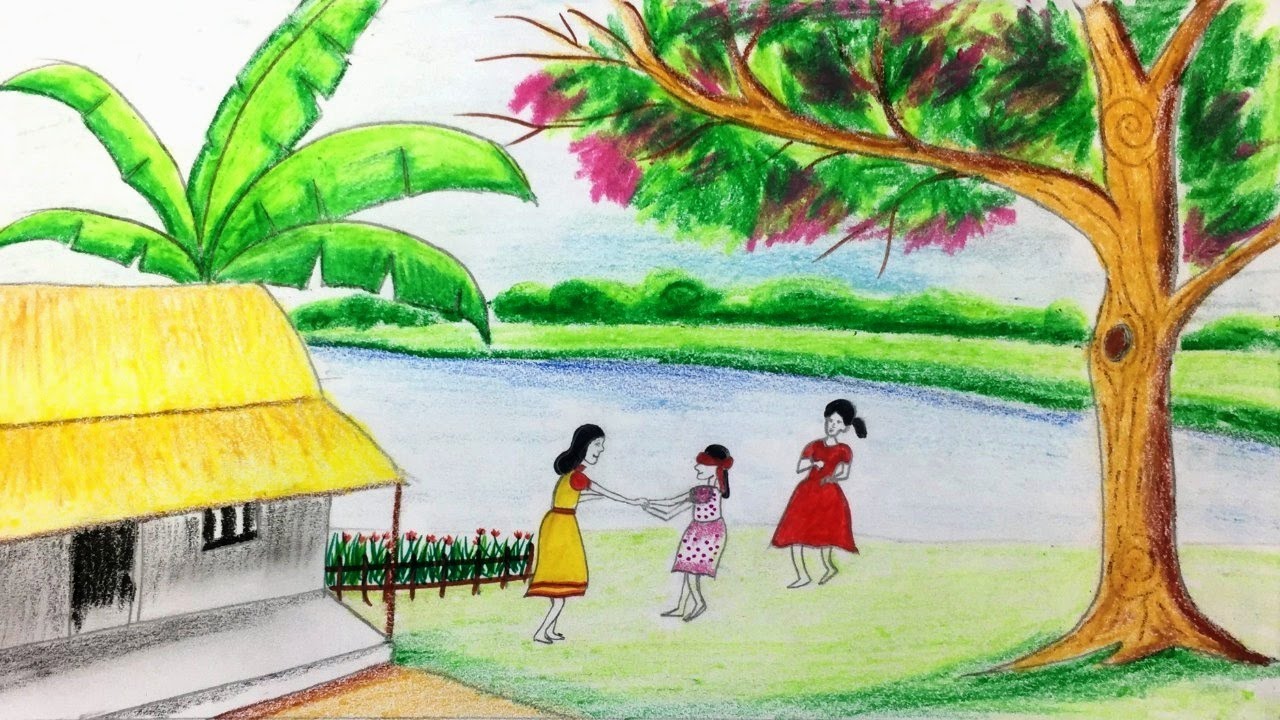 How to draw a beautiful village scenery step by step - YouTube