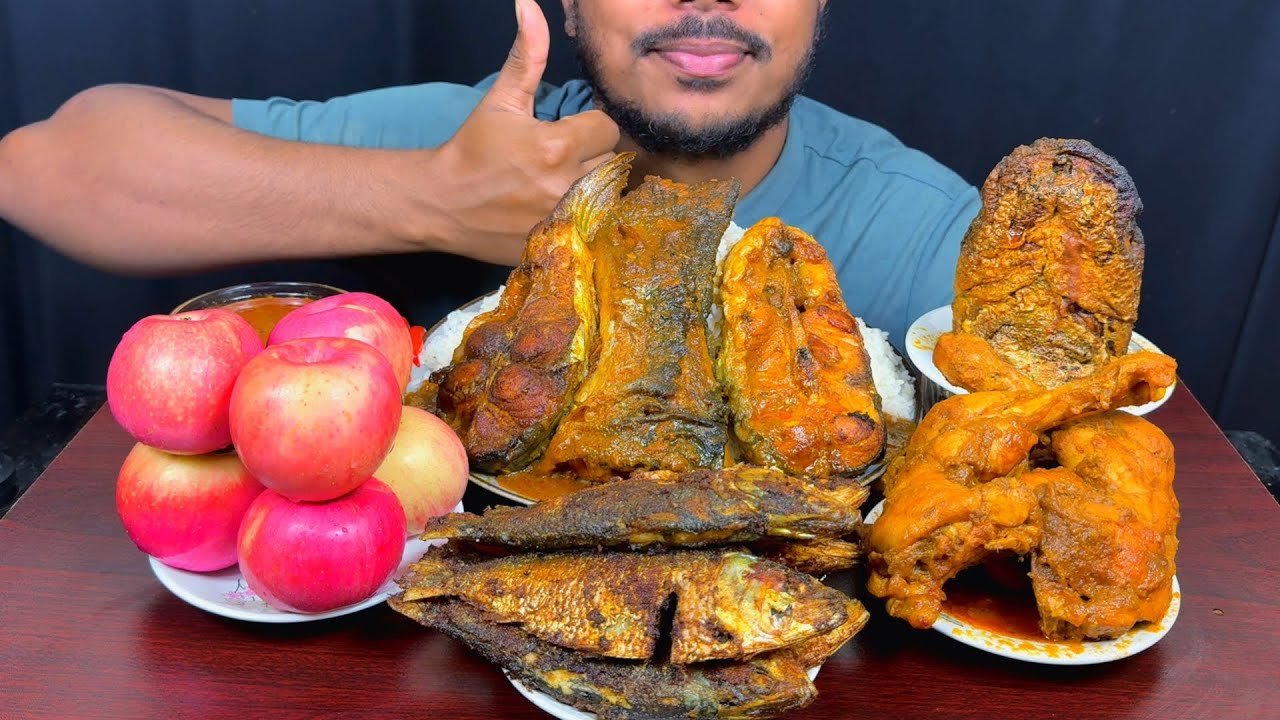 Eating Spicy Fish Curry,Hilsha Fish Fry,Chicken Leg,Fish Head,Apple ...