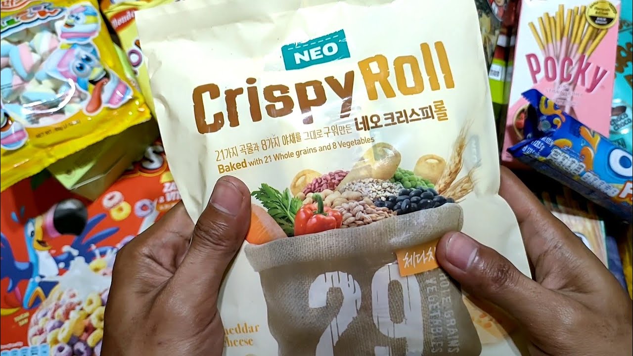 ASMR unpacking korean snacks Crispy Roll Oreo fizzy Pretz Lucky Stick ...