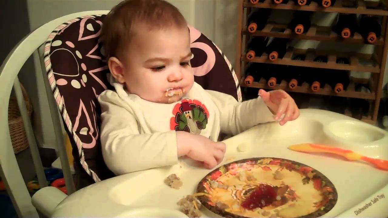 Ava's first Turkey dinner minus the turkey - YouTube
