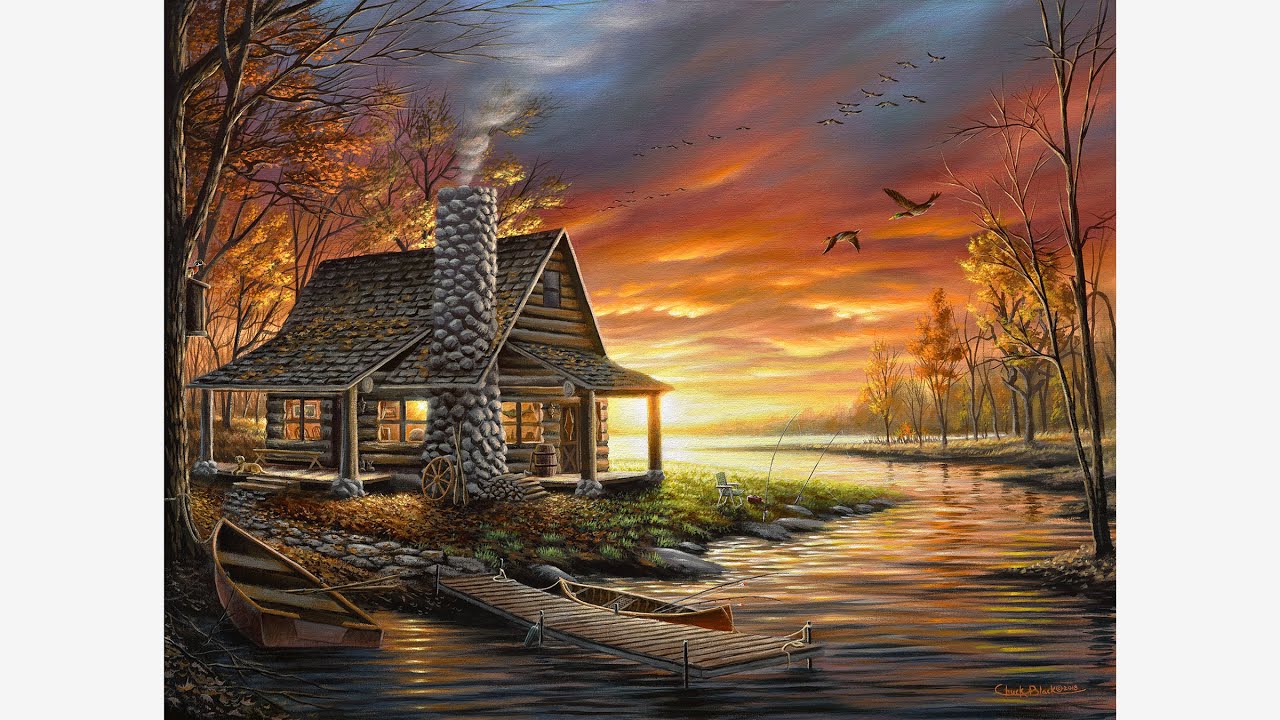 Landscape Painting Time-lapse | Lake Cabin at Sunset - YouTube