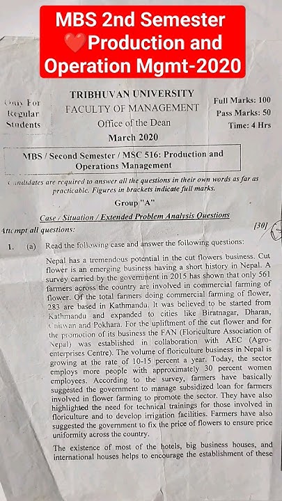 MBS 2nd Semester Question Paper 2020 || Production and Operation Mgmt. Tribhuvan University ...