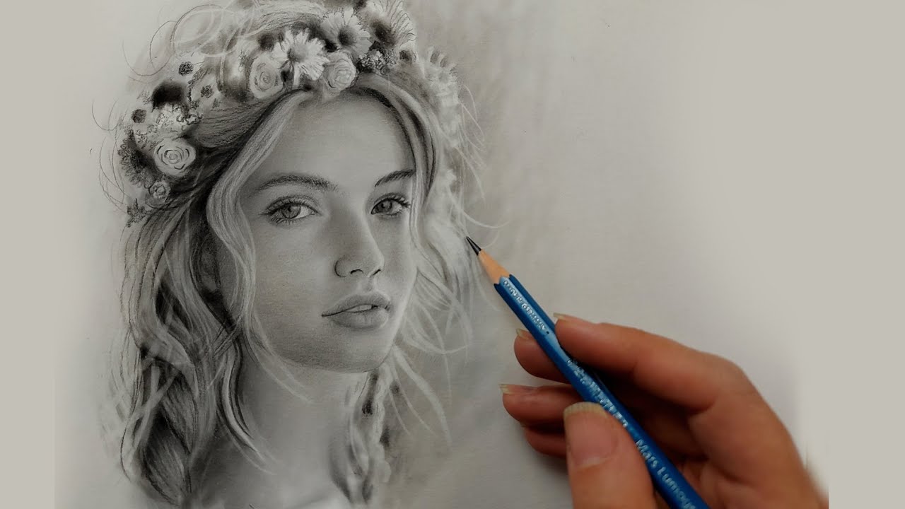 Realistic Face Shading – Girl with Flower Crown (Graphite & Pencil Art ...