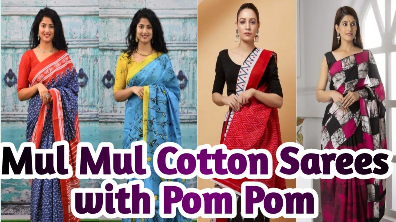 MulMul Cotton Sarees with Pom Pom||Sashti Fabrics||9789536711 - YouTube