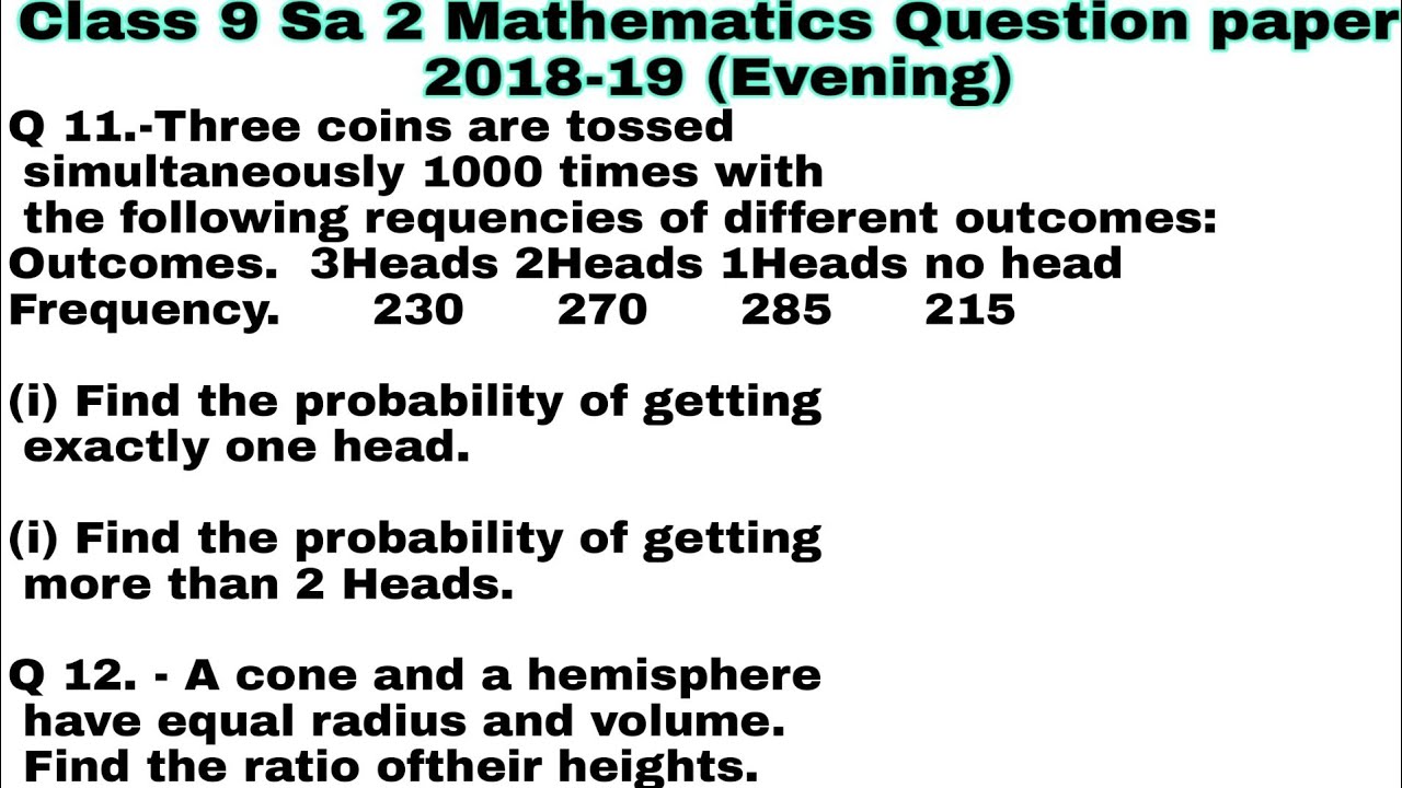 Class 9 Sa 2 Mathematics Question paper 2018-19 | Evening shift | SA-2 ...