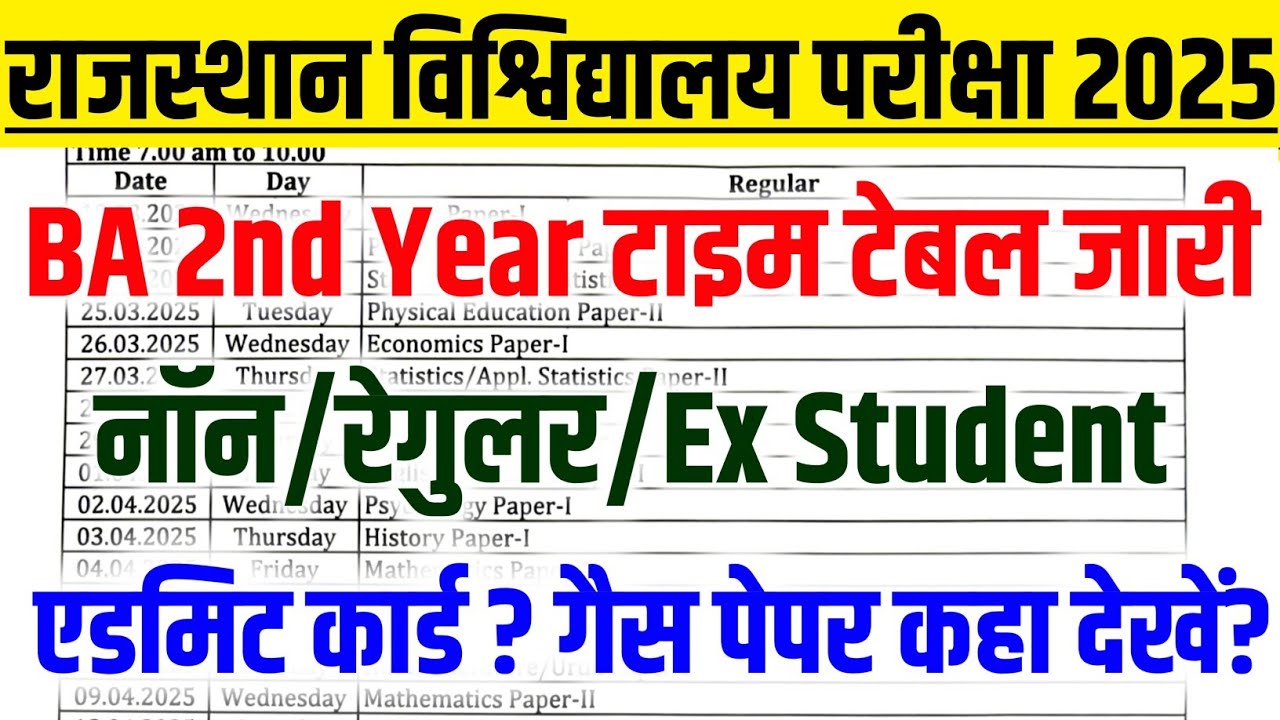 Rajasthan University Exam 2025 | BA 2nd Year Exam Time Table / BA Exam ...