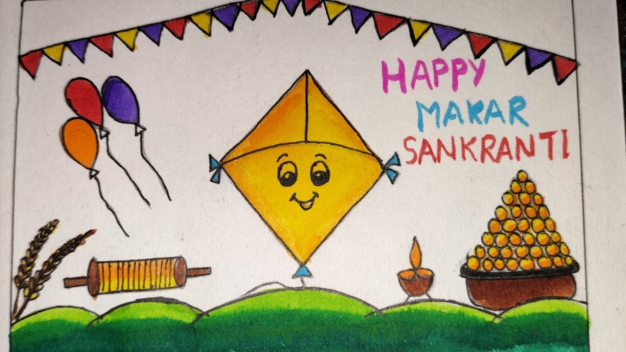 happy makar Sankranti drawing easy step || how to draw makar Sankranti ...