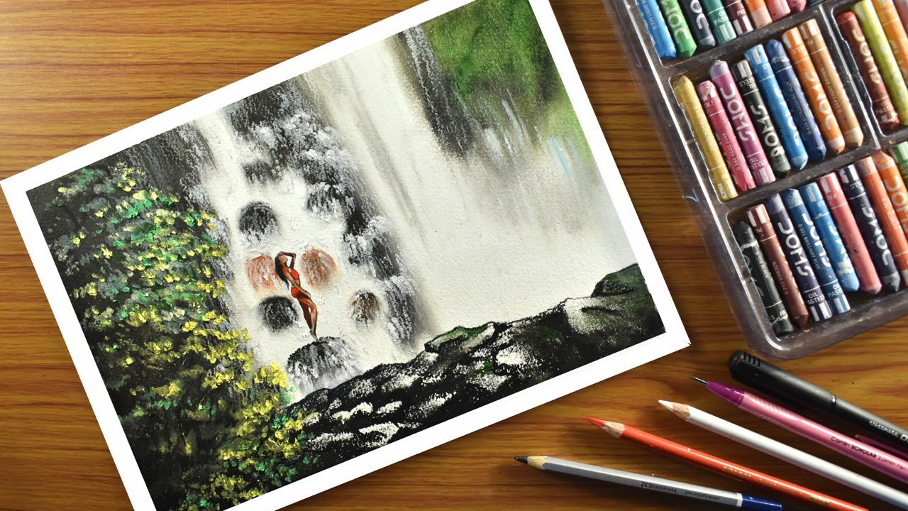 Waterfall Oil Pastel Scenery / Oil Pastels Drawing – Waterfall - step ...