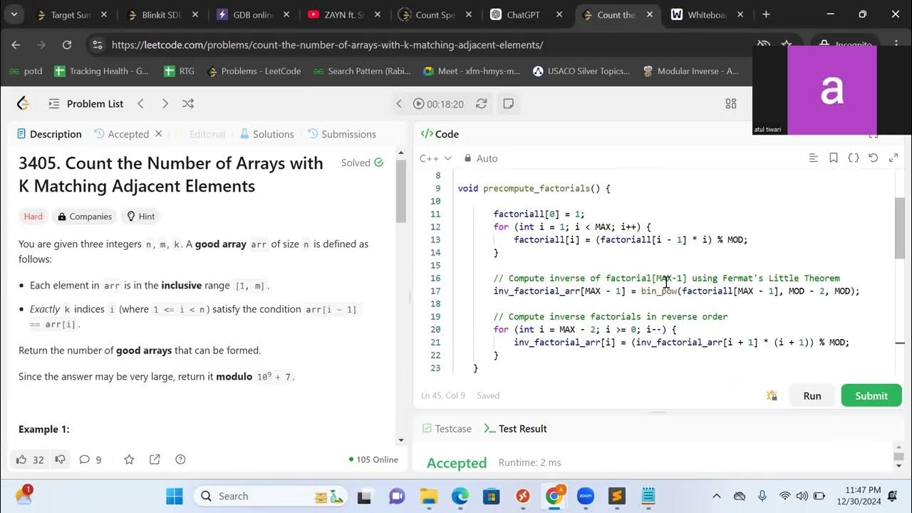 Count the number of arrays with k matching adjacent elements| LC Weekly HARD | Inverse Modulo ...