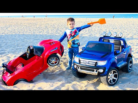 Funny Tema Ride on Power Wheels cars and Play with toy Tractor Stuck in the sand Video for kids
