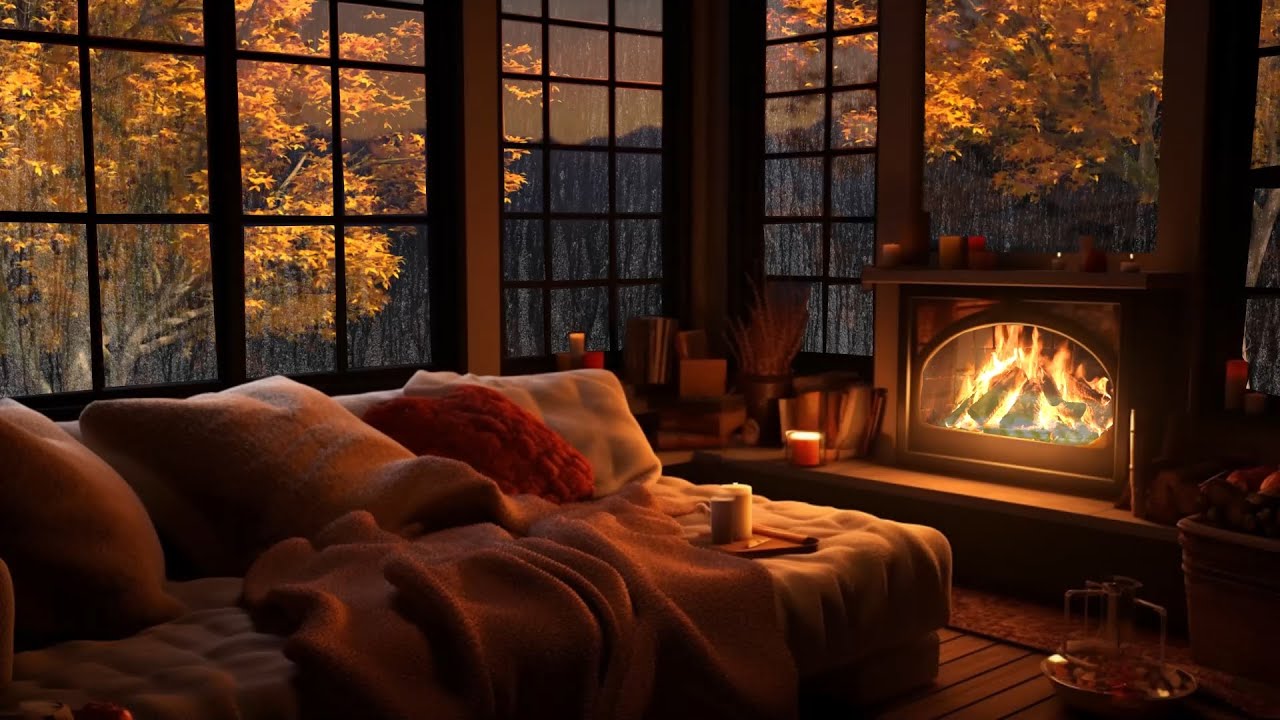 Sound of a Flicker Fireplace in a Cozy Room with the Sound of Autumn ...