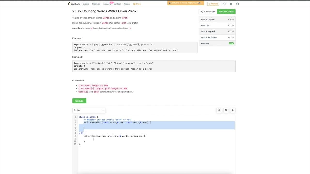 Leetcode Weekly 282 | 1st Problem | 2185. Counting Words With a Given Prefix - YouTube