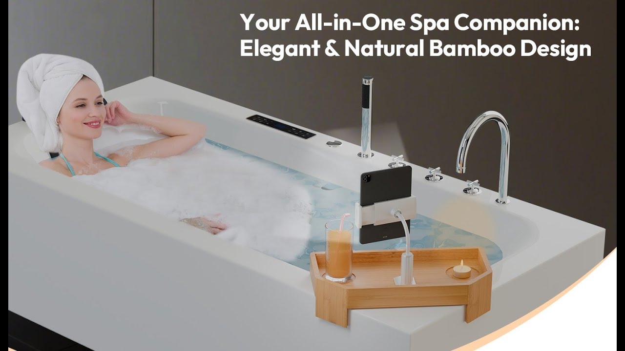 POOLCOMFT Bamboo Hot Tub Tray with Adjustable Phone Holder - YouTube