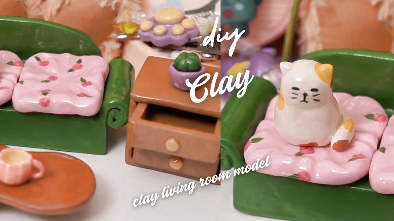 making a miniature living room model 🛋️ 🗄️☕with clay / diy clay ...