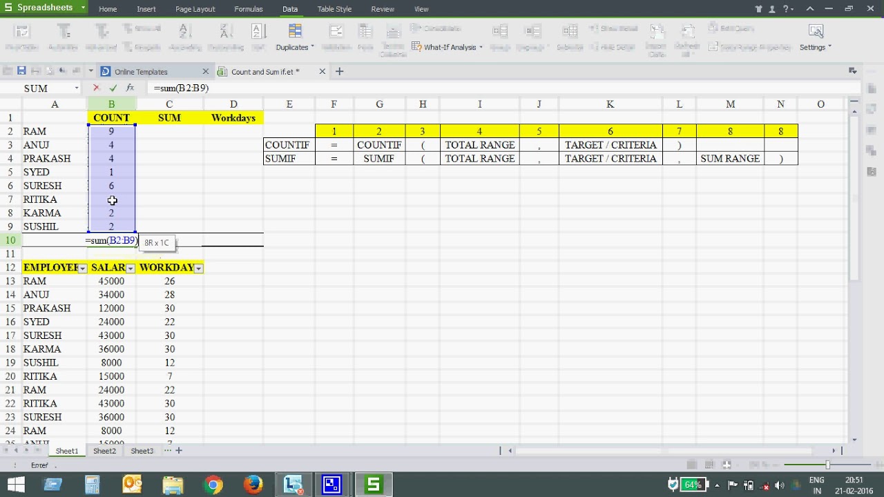 How to Countif and Sumif function in Excel in Hindi (WPS Office) - YouTube
