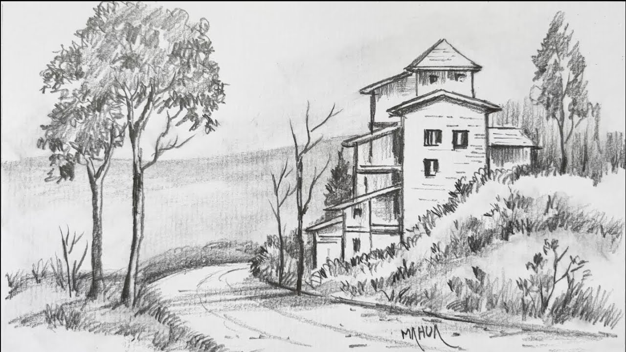 How to draw a House Landscape in Pencil Shading | Pencil Shading | Step ...