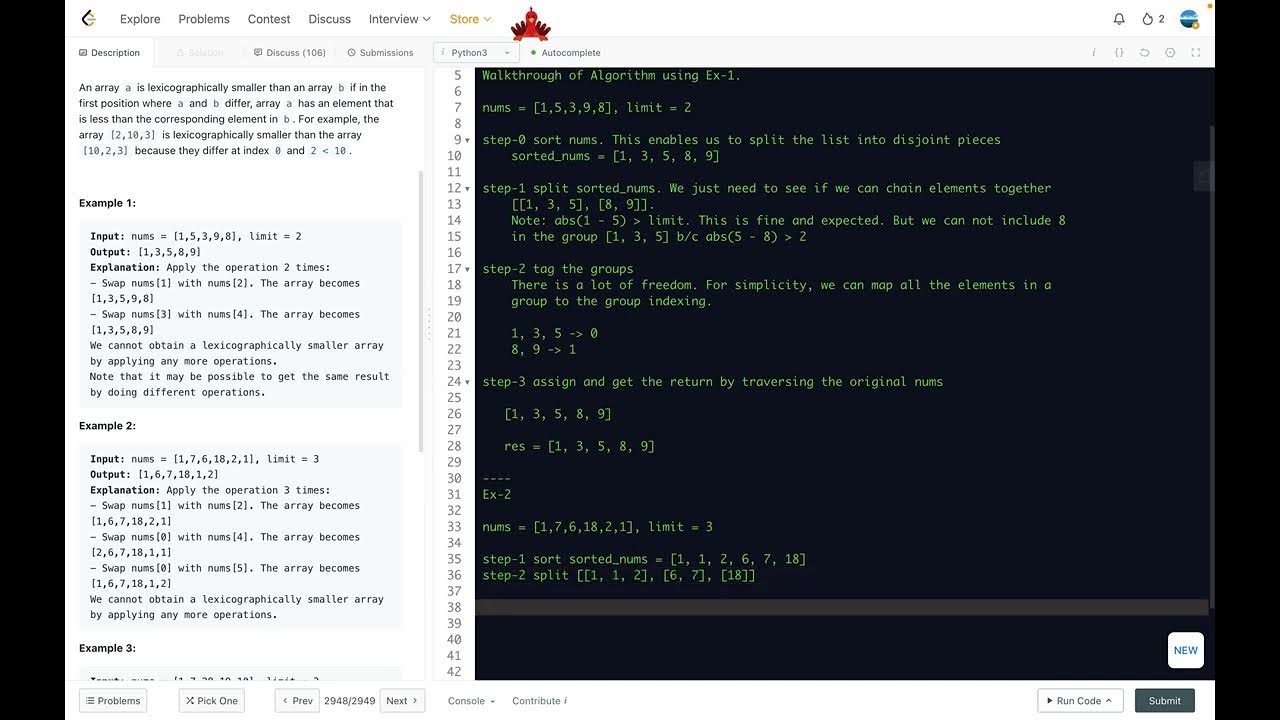 leetcode 2948 Make Lexicographically Smallest Array by Swapping Elements - sort-split-assign ...