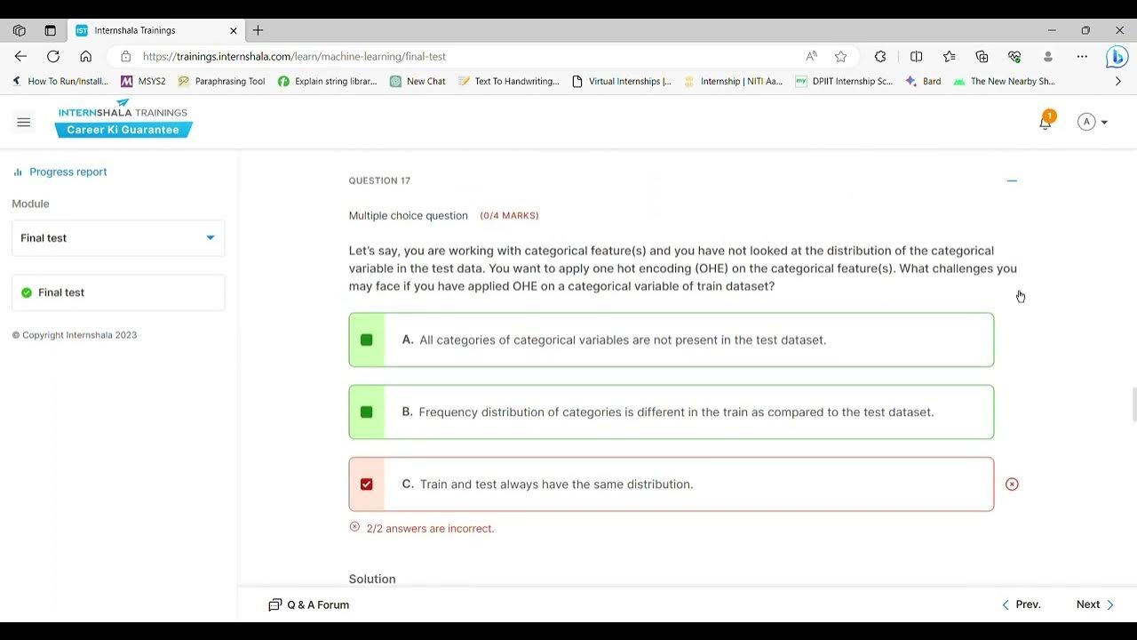 Internshala Machine Learning Final Test Answer Youtube