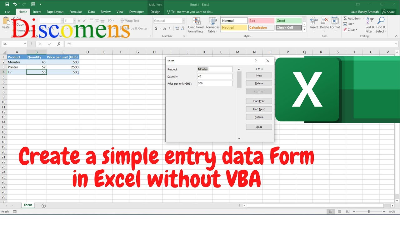 Create a simple entry data Form in Excel without VBA - YouTube