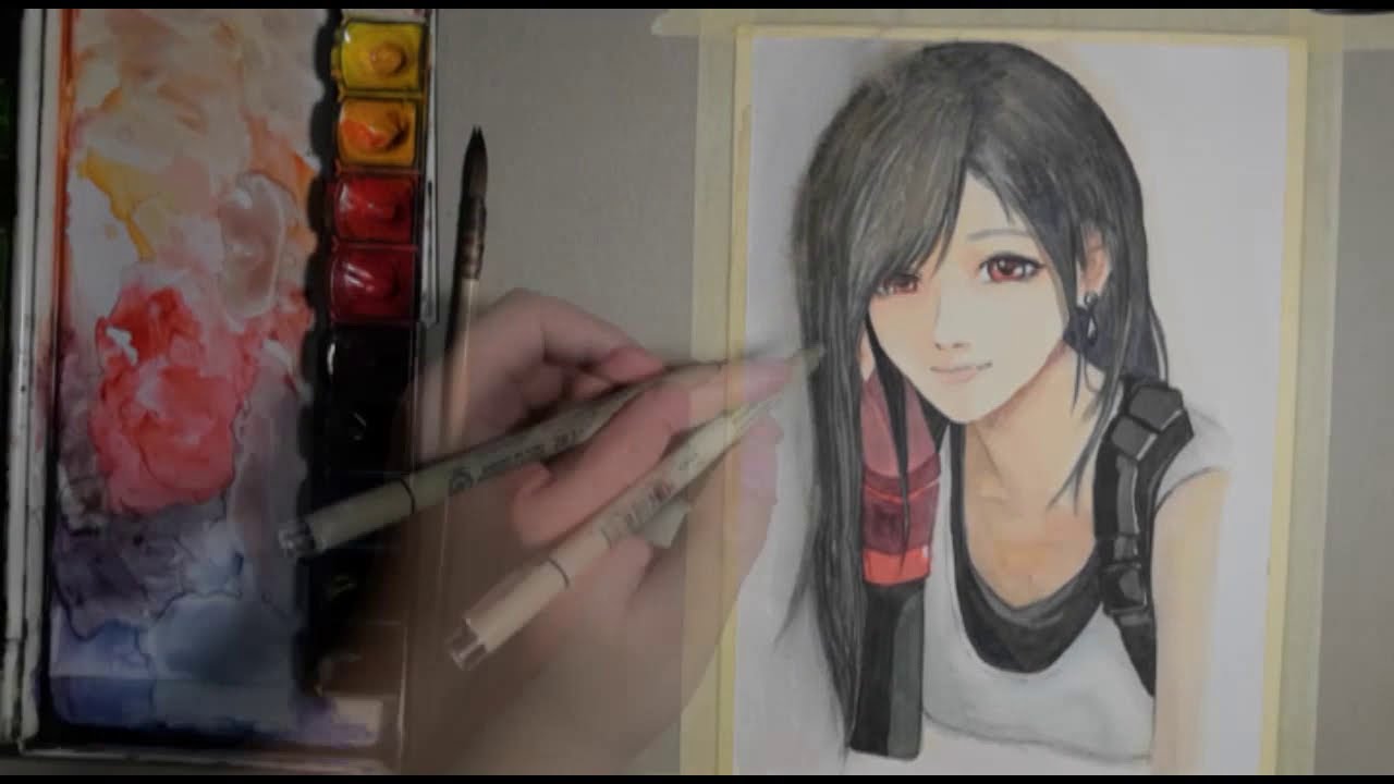 Drawing Tifa Lockhart_Final Fantasy VII_水彩画蒂法FF7 potrait watercolor ...