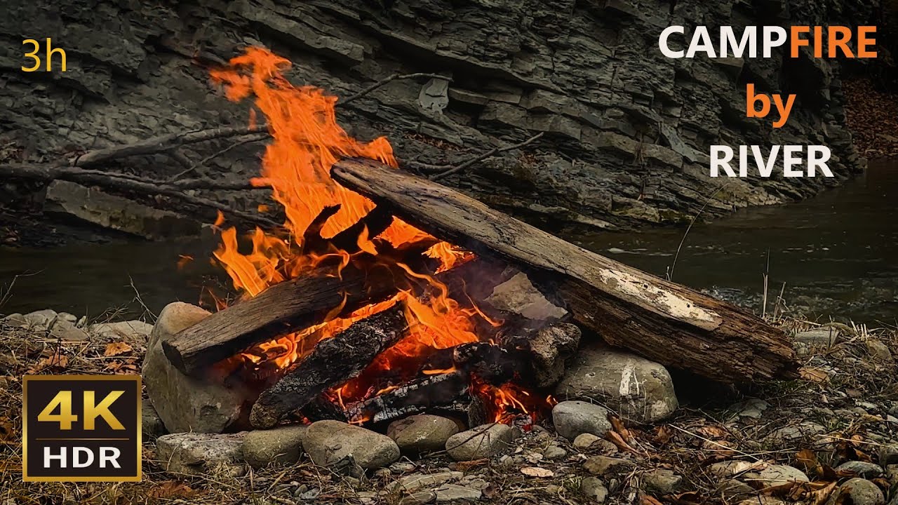Campfire by the River🔥- Relaxing Fireplace & Nature Sounds - 4K UHD Video - 2160p 60fps#4k# ...