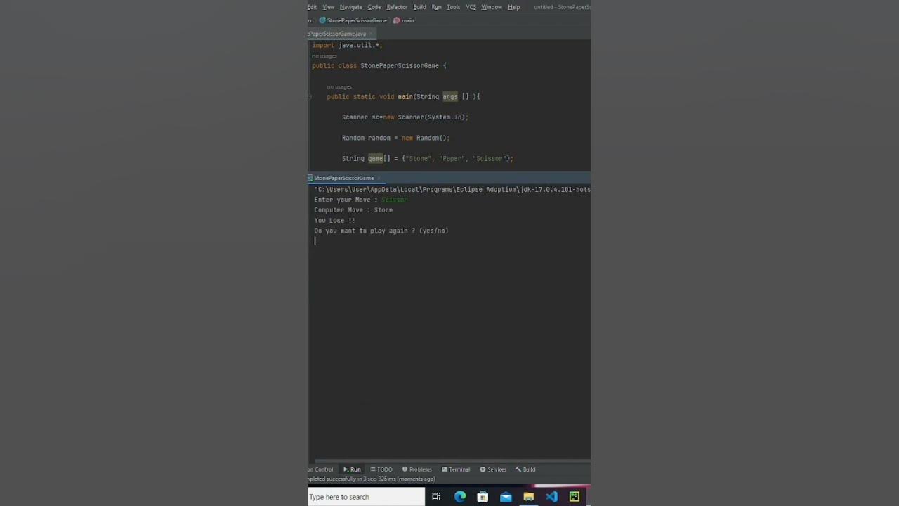 Stone paper scissor game in java #java #miniproject #game #shorts # ...