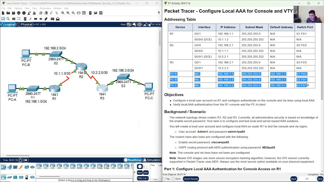 7.2.6 Packet Tracer - Configure Local AAA for Console and VTY Access ...