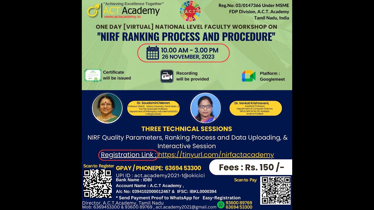 Technical session 1: Parameters of NIRF - Prof. Dr. Soudamini Menon - YouTube