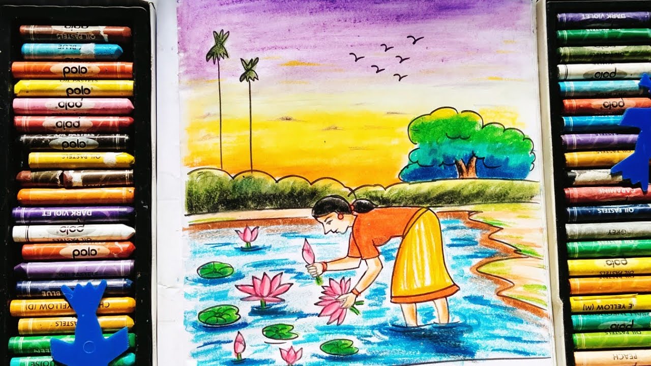 How to draw a girl collect lotus village scenery drawing easy in polo ...