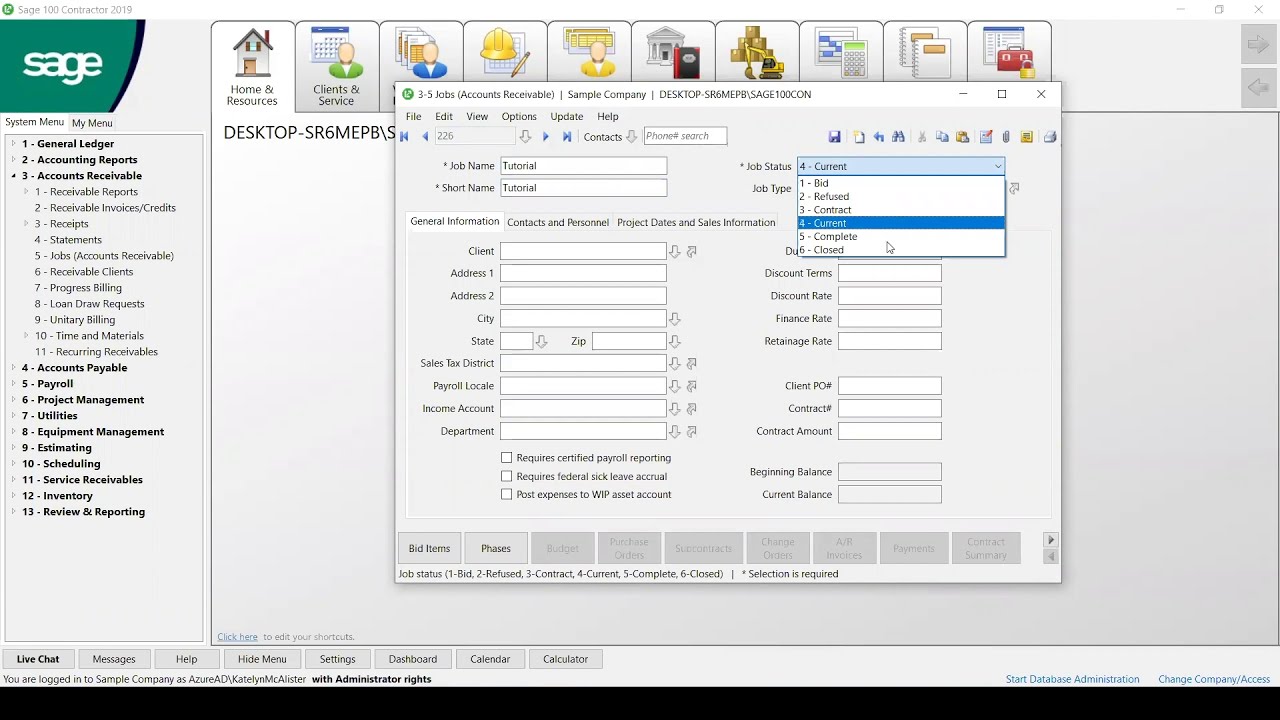 How To Create A New Job In Sage 100 Contractor - YouTube