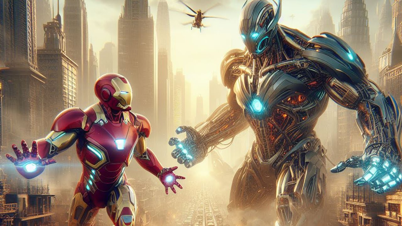 The great battle between Iron Man and Ultron, a powerful punch, a blur ...