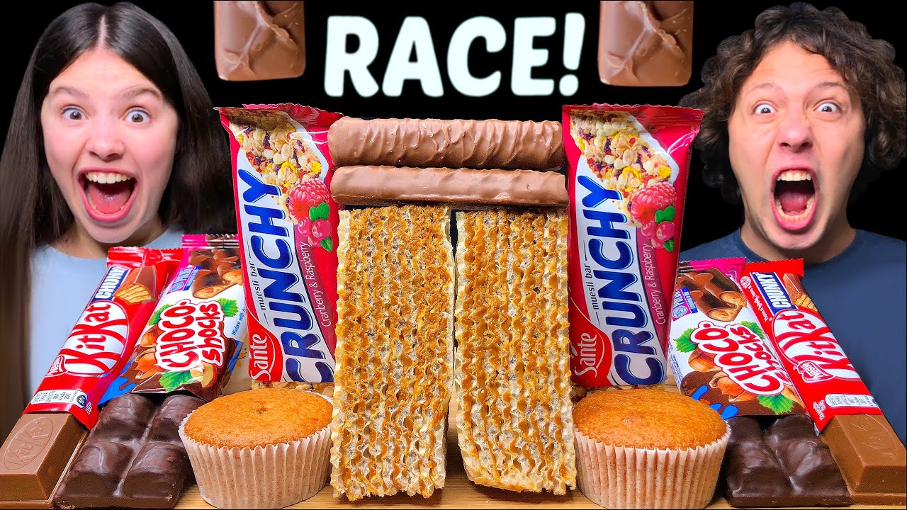 ASMR LEFTOVER CHOCOLATE DESSERT RACE EATING (CAKE, KITKAT, CRUNCHY ...
