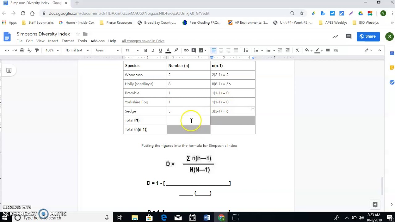 Simpsons Diversity Index Worksheet EXAMPLE - YouTube