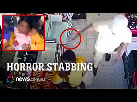 CCTV captures moment 'random' woman stabbed at the checkout