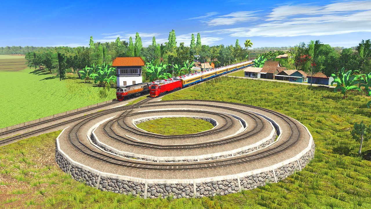 6 PASSENGER & FREIGHT TRAINS CROSSING ON BUMPY FORKED ROTATING RAILROAD ...