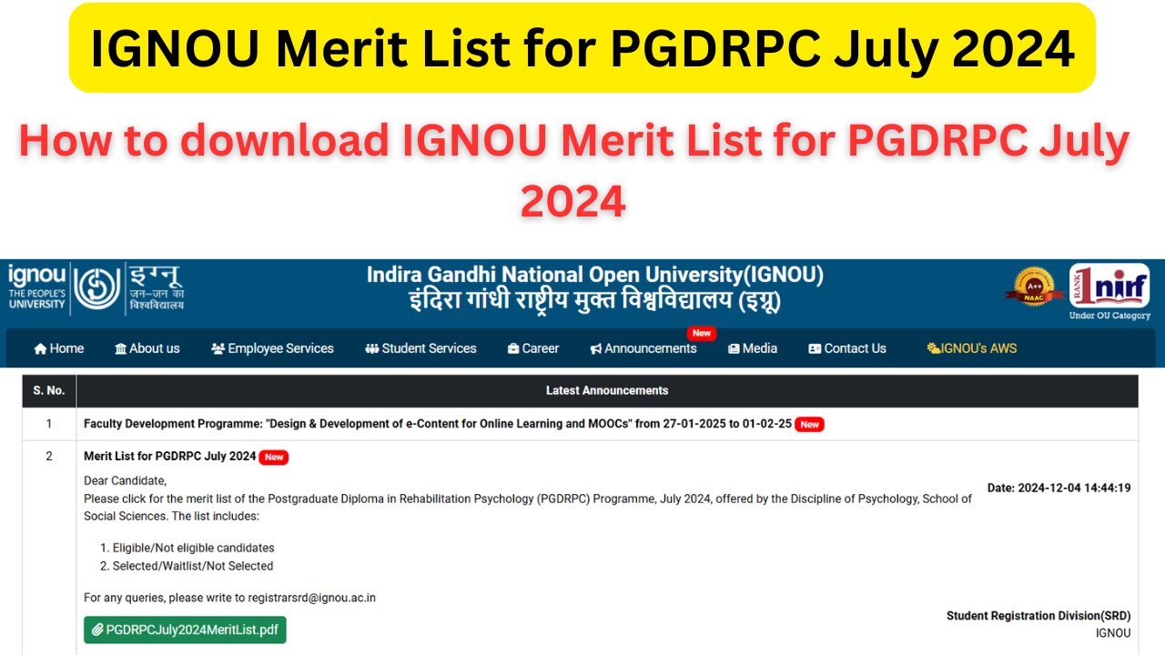 IGNOU Merit List for PGDRPC July 2024 | How to download IGNOU Merit ...
