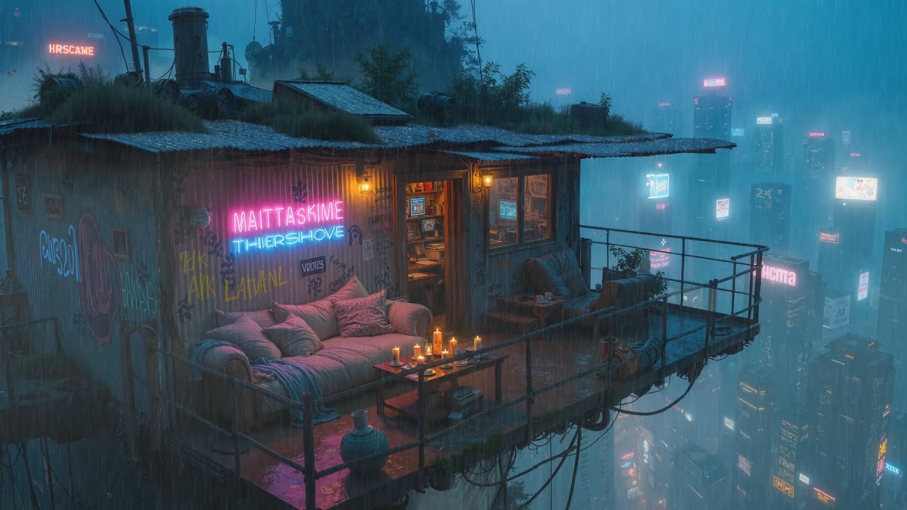 Cyberpunk Night Balcony: Rain, Neon Glow & Ambient Music For Sleep ...