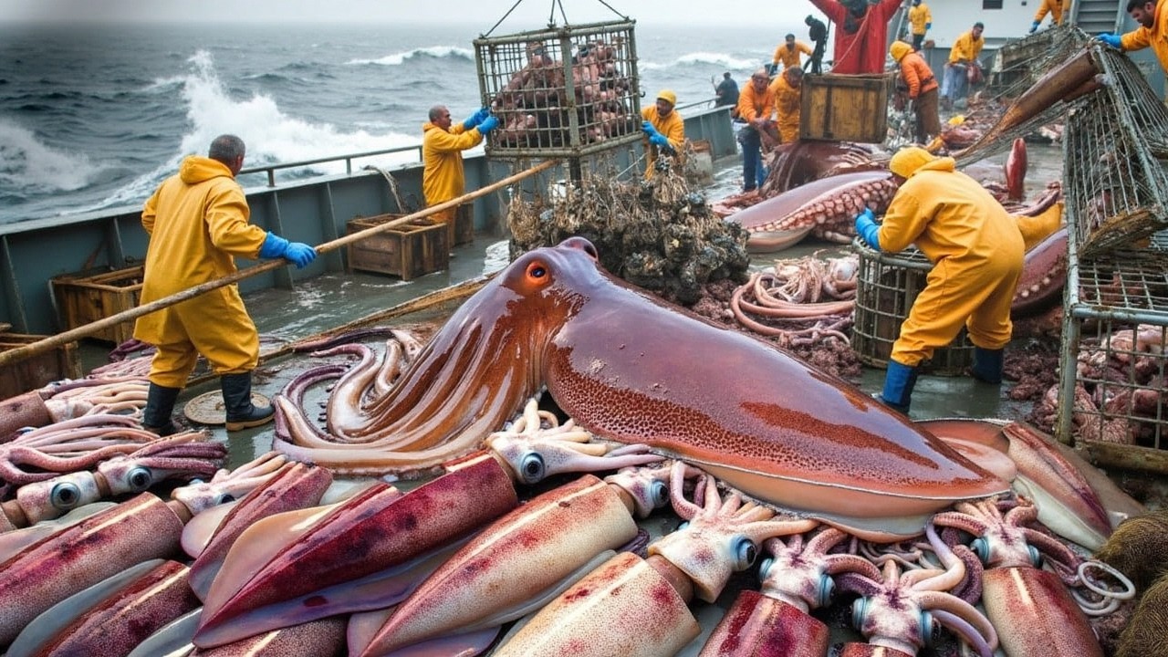 Giant Squid Caught By The Millions Under Blinding Lights At Sea! - YouTube