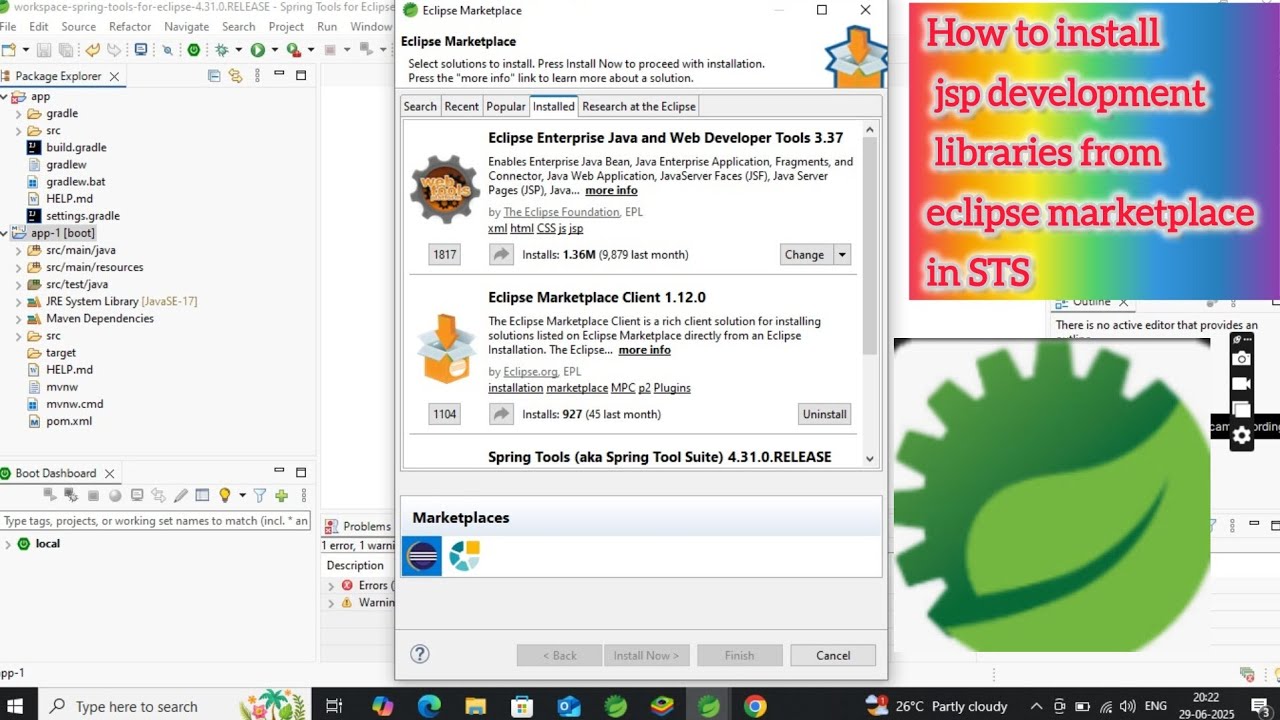 How to install jsp development libraries from eclipse marketplace in STS #sts #jsp #eclipse ...