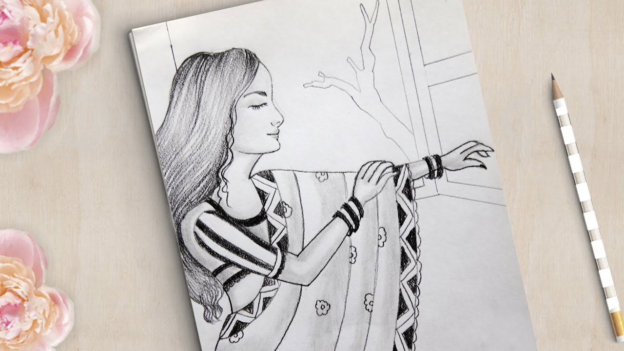 How to Draw a Traditional Girl Standing In Side Window | Girl Drawing ...