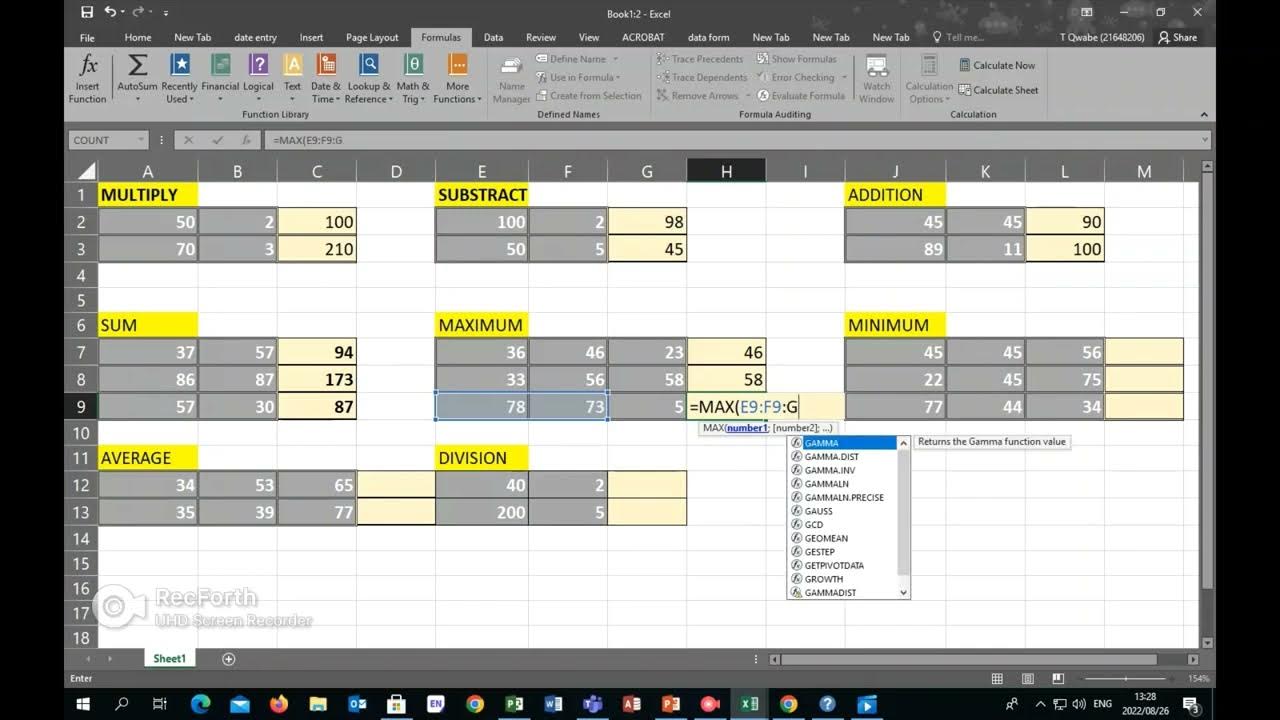 Excel Formulas| Multiplying, Subtracting, Dividing, Addition, Maximum, Minimum, Average, chart ...