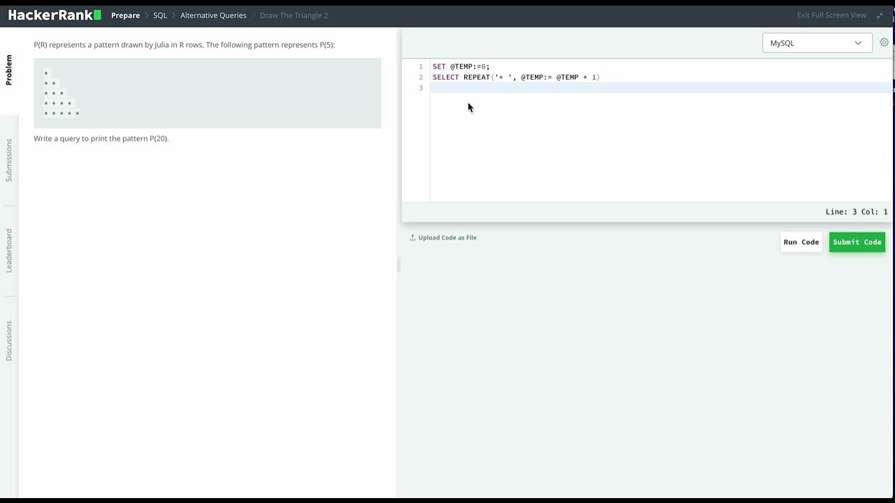 Hackerrank Sql Solution 3 Advanced Sql Draw The Triangle 2 Youtube