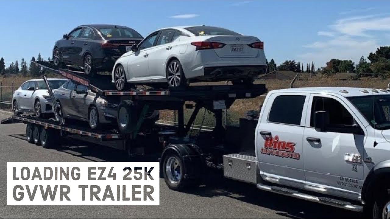 Loading Kaufman Ez4 trailer 25k GVWR seven vehicles. - YouTube