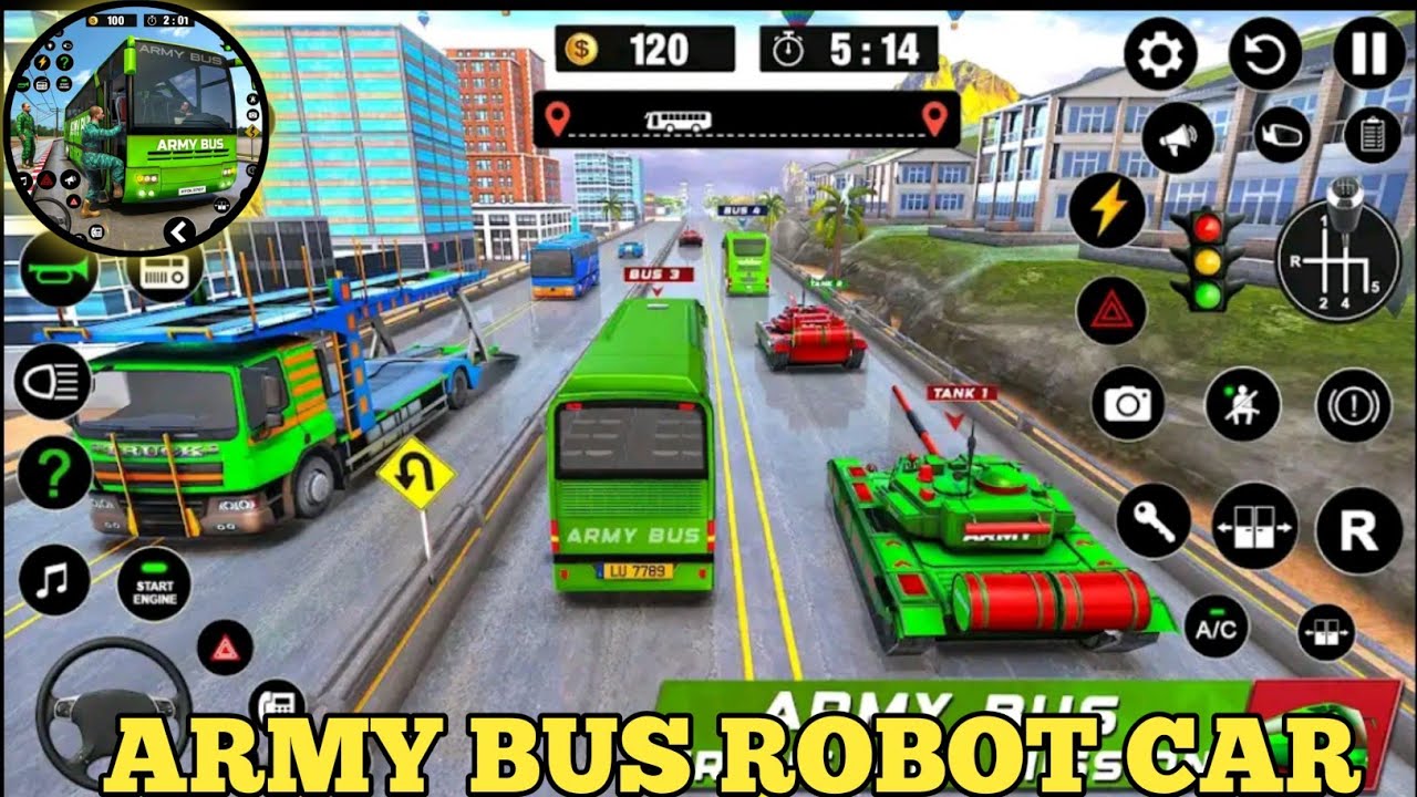 DRIVING ARMY BUS AND TANK IN CITY HIGHWAY IN ARMY BUS ROBOT ANDROID ...